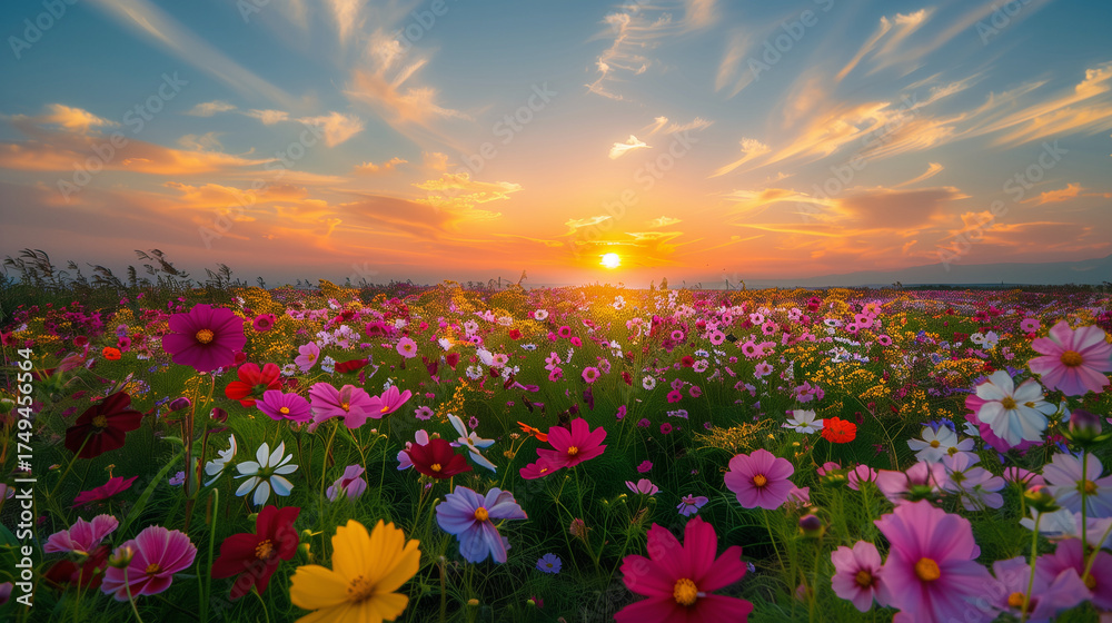 A vast field of flowers stretches as far as the eye can see, bursting ...