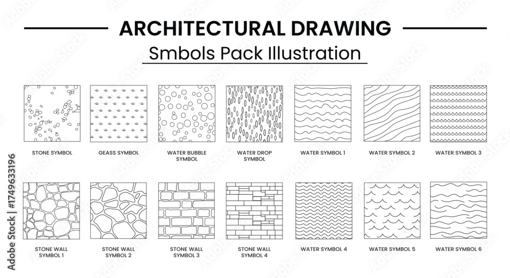 Landscape Architecture CAD Vector Patterns Set. Grass, Water, Stone ...