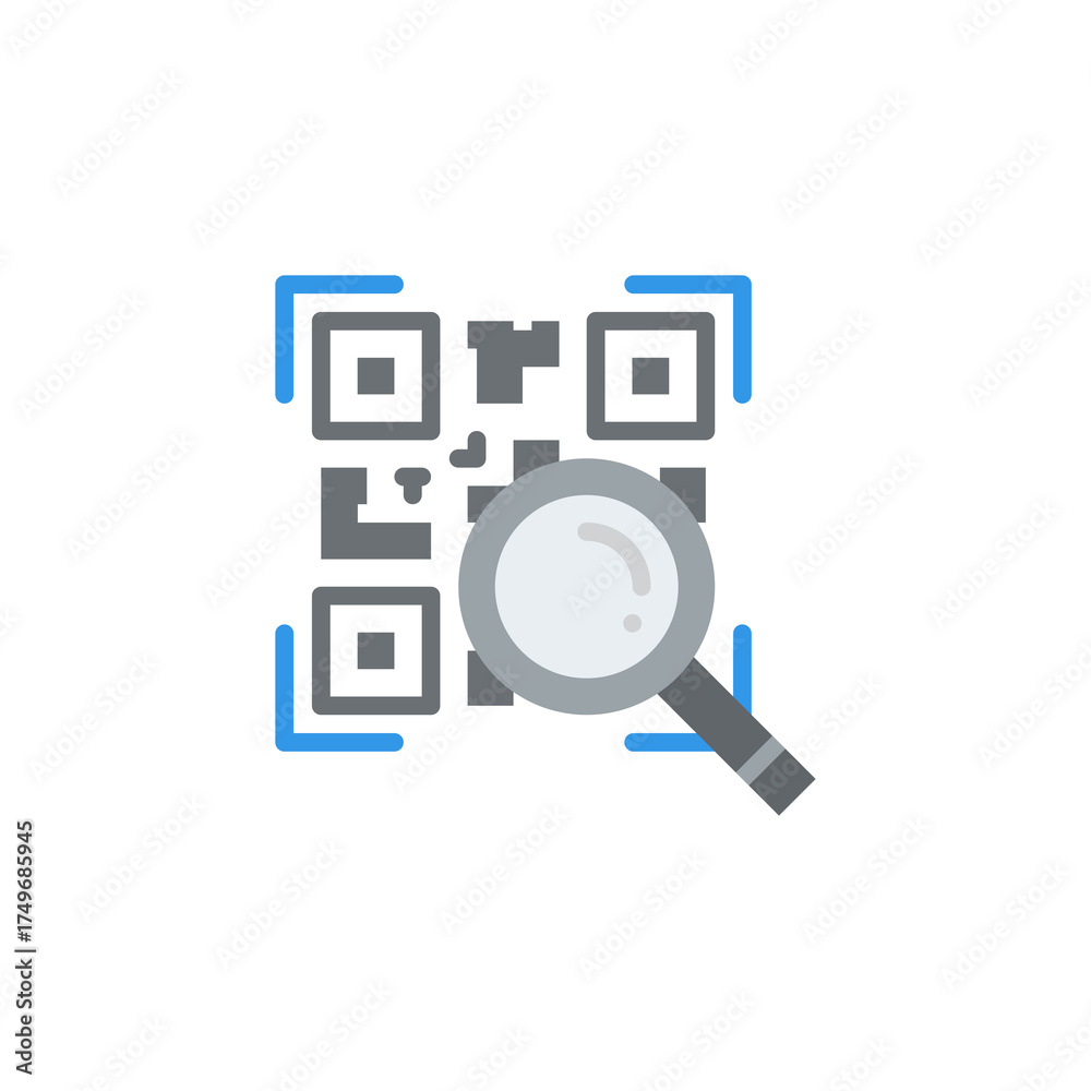 Pixel art style QR code with a magnifying glass scanning the code on a ...