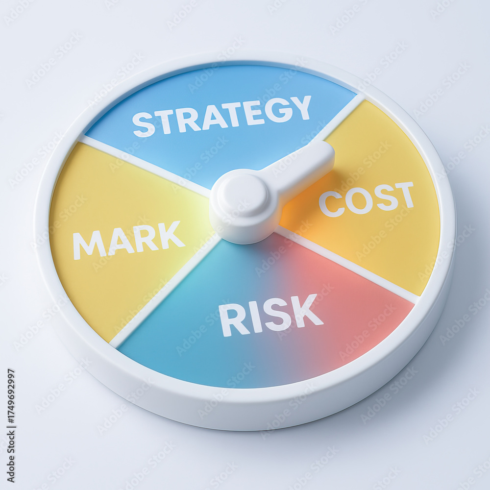 Foto de Stock Colorful spinner with segments labeled strategy, cost ...