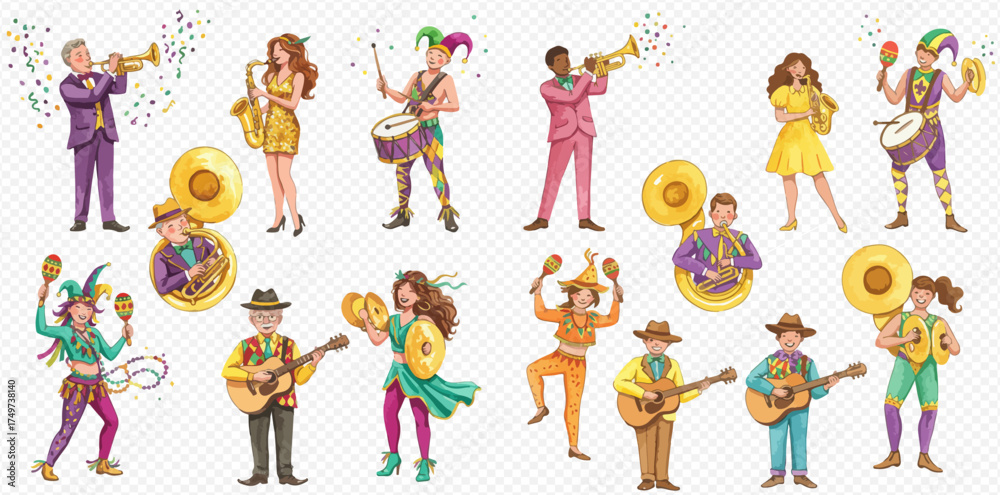 Diverse group of cartoon musicians playing various instruments and ...