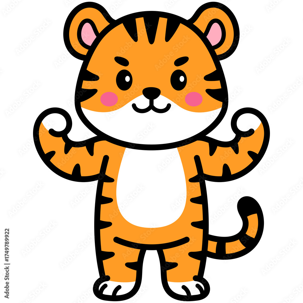 Cute cartoon tiger flexing muscles orange and black stripes white belly ...