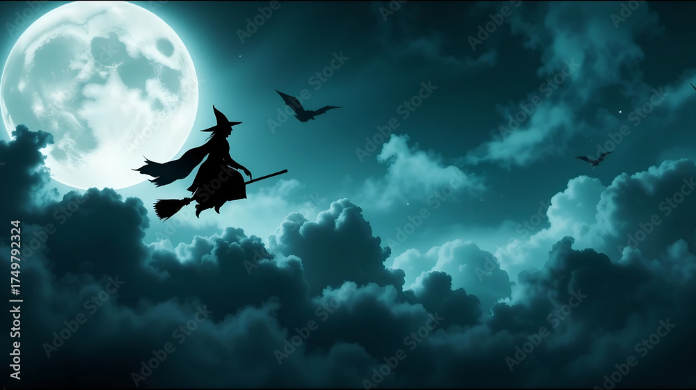 Foto de Stock Witch Silhouette Flying on a Broomstick Across Full Blue ...