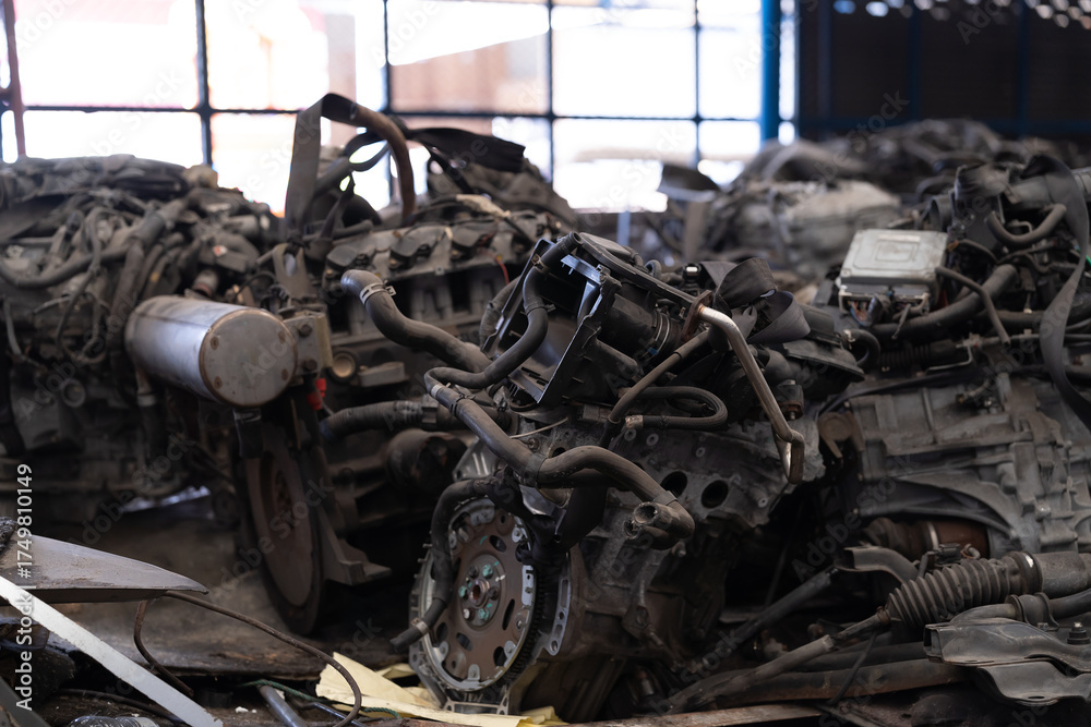 Old engine at automotive spare parts warehouse. Auto parts warehouse ...