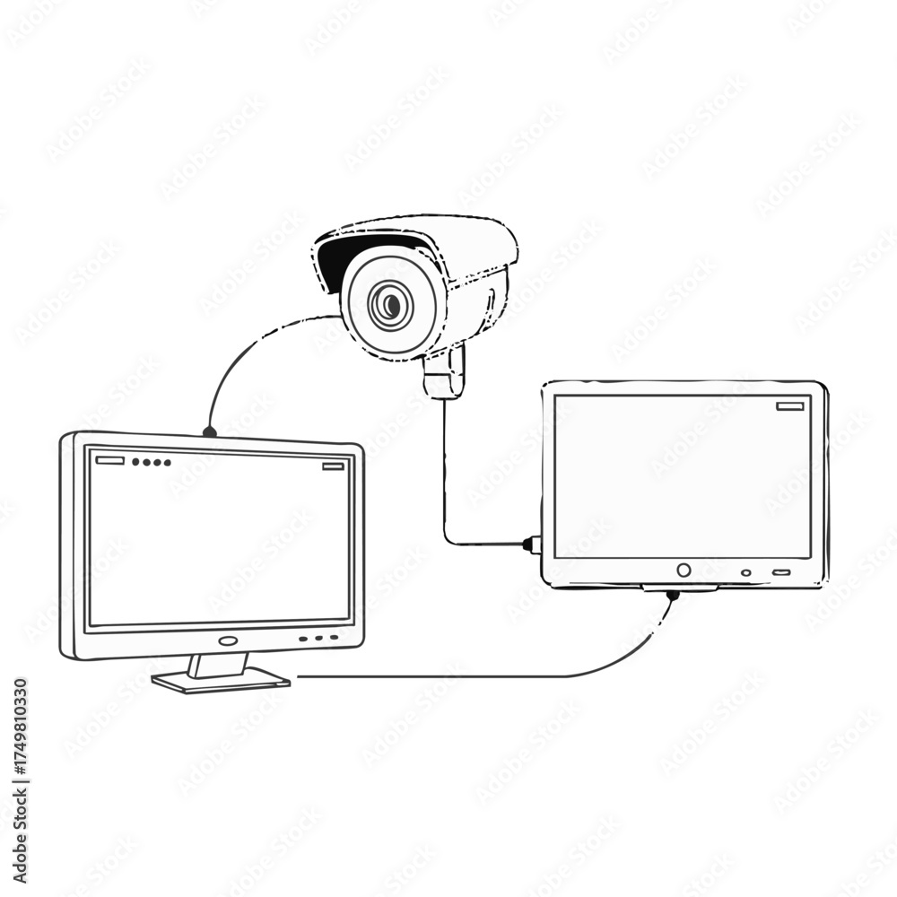 Line art diagram of a security surveillance system, showing a CCTV ...