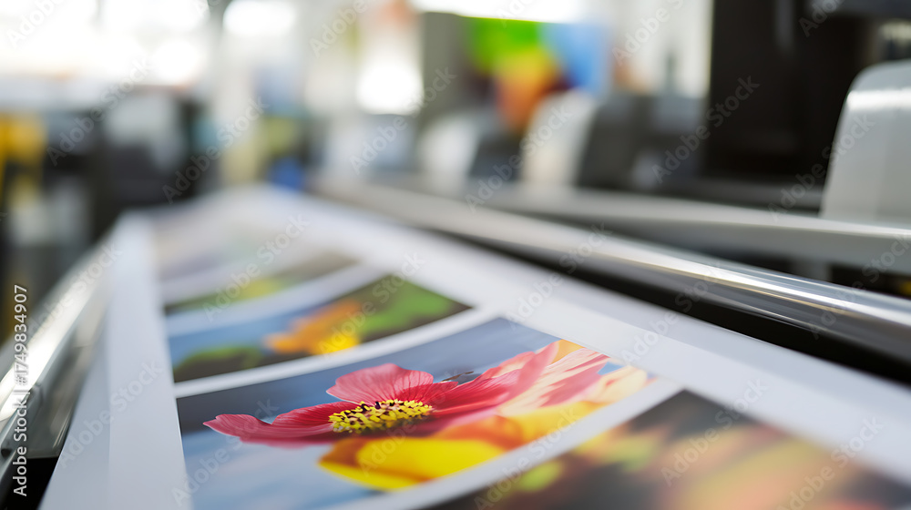 Printing in progress. A close-up shows a large format printer producing ...