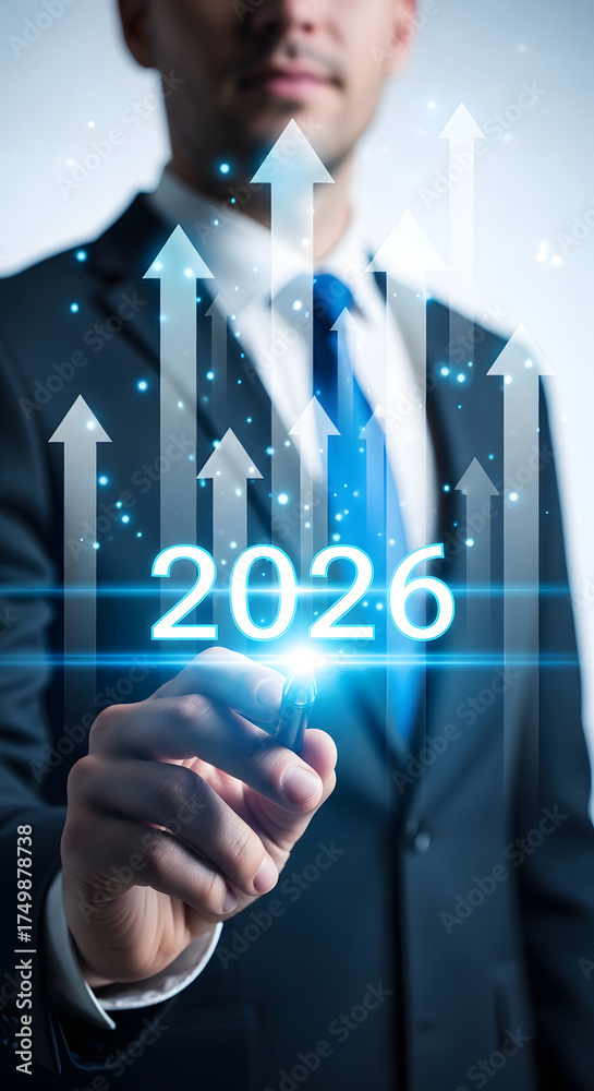 2026 businessman pointing at the year 2026 with upward arrows ...