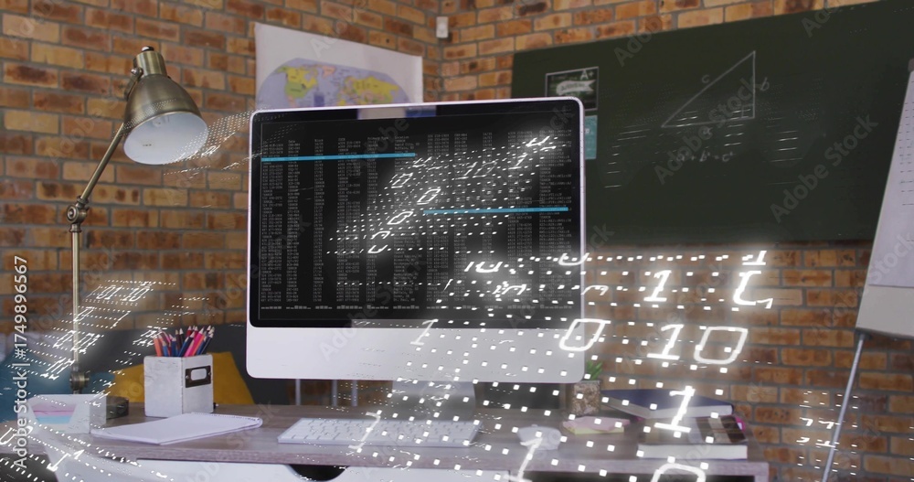 Displaying all-in-one monitor running code overlaying binary digits in ...