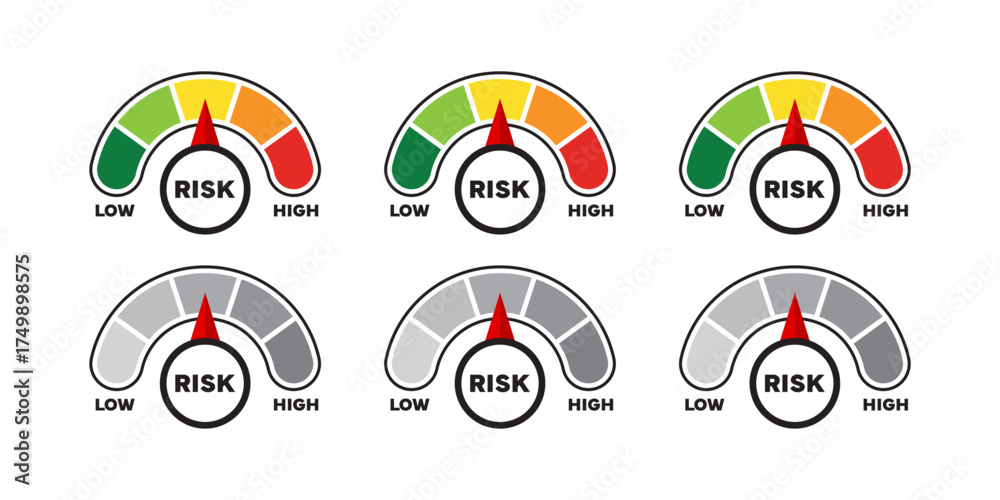 Risk Meter Gauge Set. Low, Medium, and High Level Indicators Stock ...