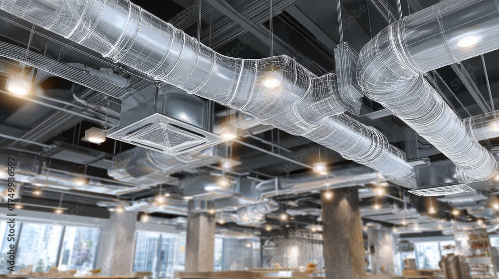 Architectural 3D BIM blueprint of ventilation system, ducts and ...