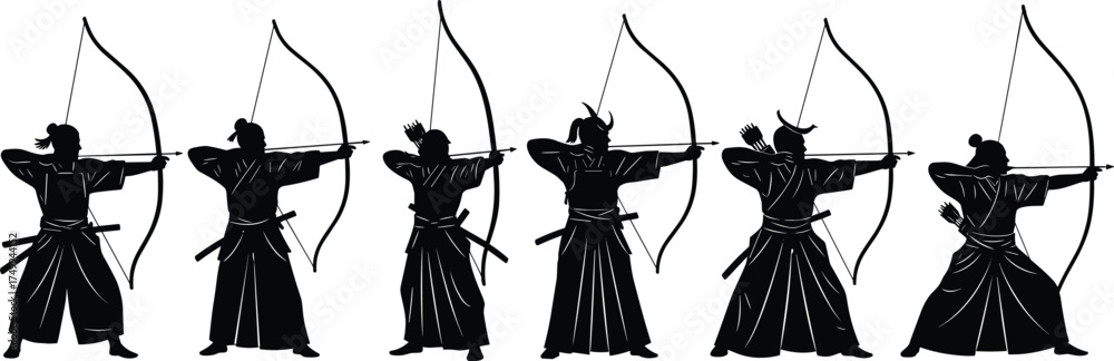 Traditional Japanese archers in synchronized Kyudo stance, silhouette ...