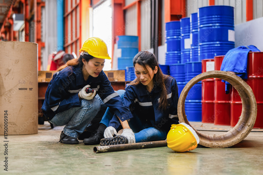Female Employee Injured Leg At Industrial Plant, Colleagues Helping ...