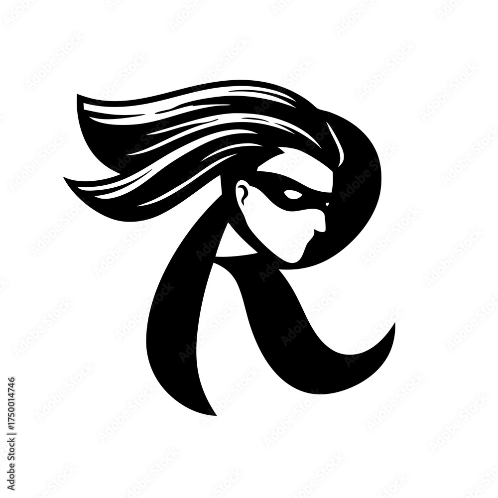 Stylized letter R with masked woman's face and flowing hair, abstract ...
