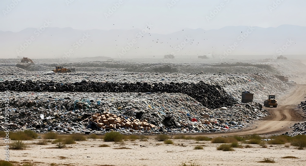 Fotografie A vast landfill stretches to the horizon, highlighting the ...