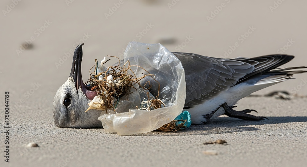 A tragic consequence of plastic pollution a dead bird lies on the beach ...