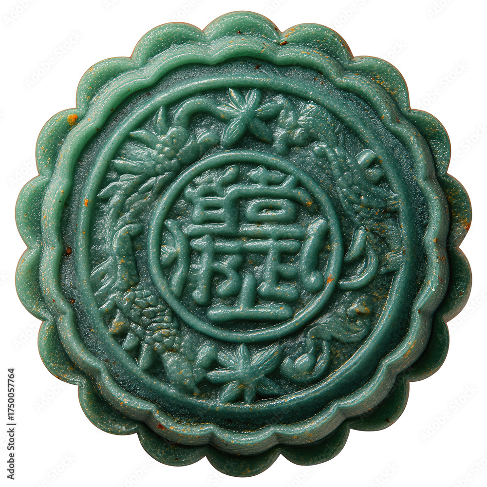 Green mooncake featuring detailed relief design and smooth scalloped ...