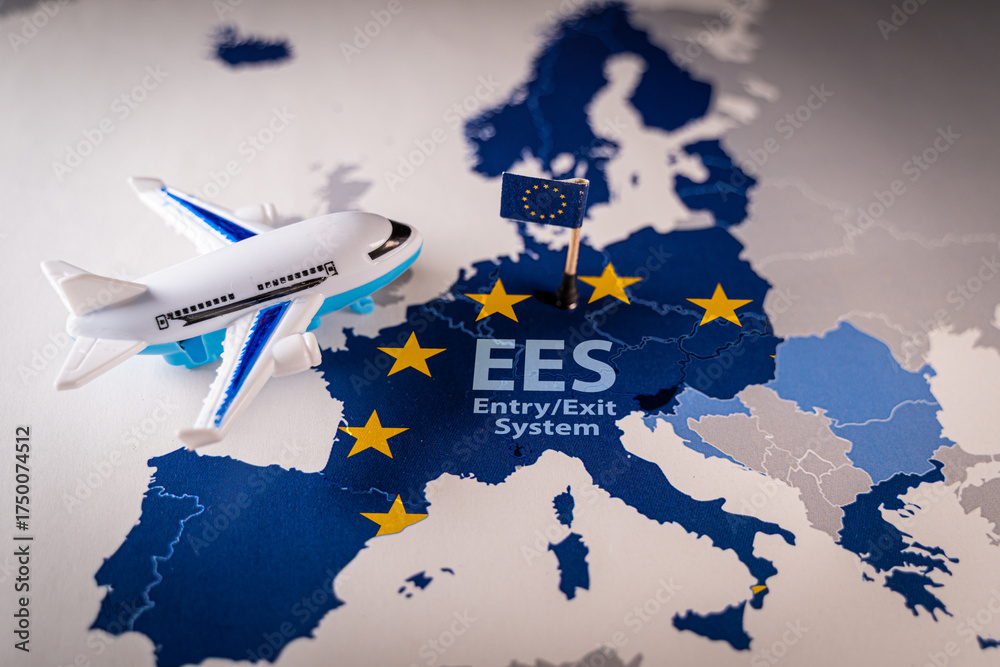 Airplane toy flying over a map of European Union countries showing the ...