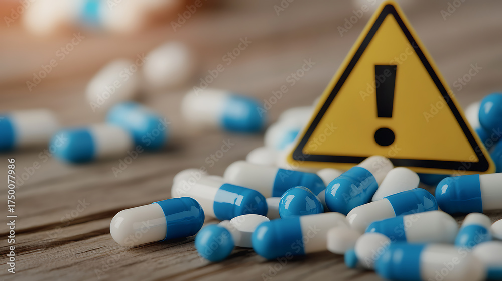 Pills and Hazard Sign: Health Risk - Caution needed when taking ...