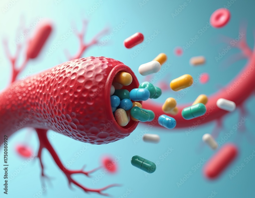 Colorful pills, capsules flow from red blood vessel. Medication moves ...