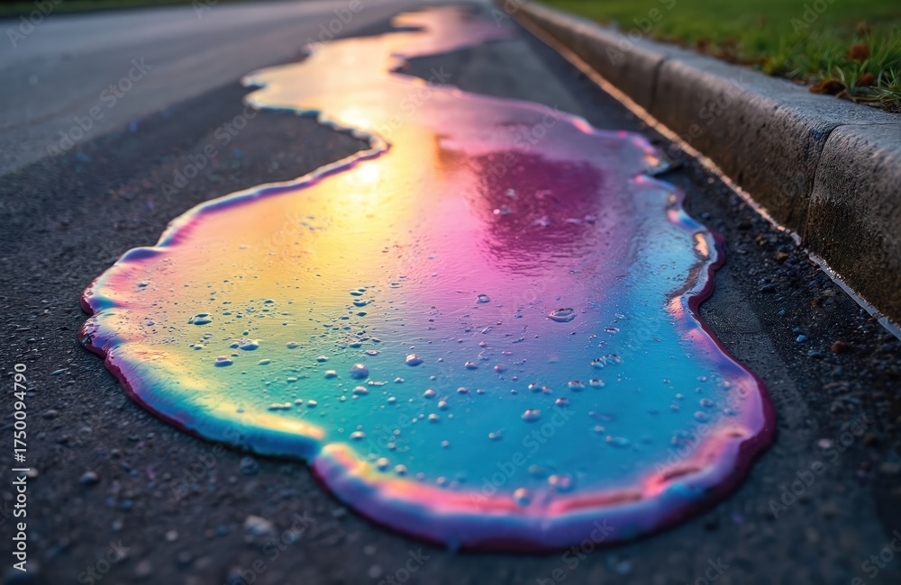 Rainbow colored oil spill on asphalt road. Iridescent sheen on pavement ...