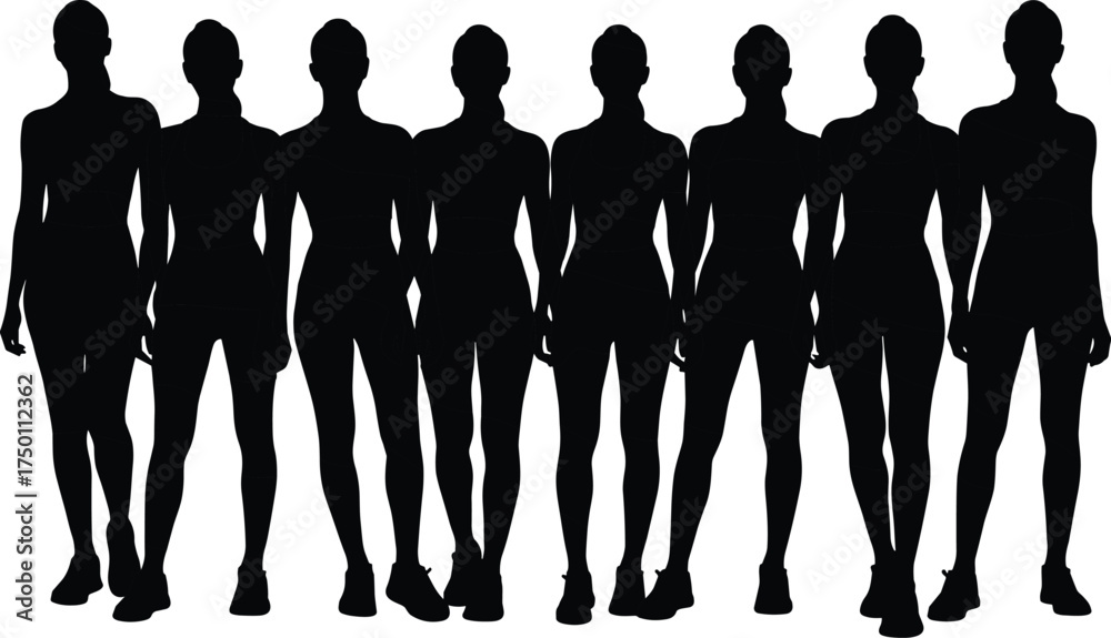 Set of female fashion figure silhouettes in standing front view poses ...