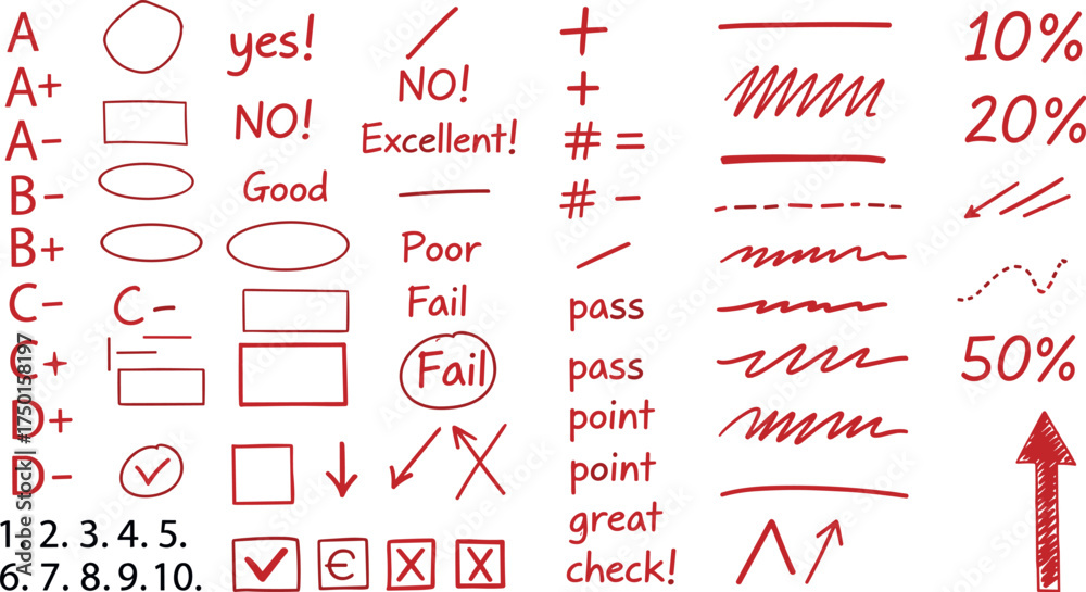 Red Marking Symbols and Grades for Assessment and Feedback Stock Vector ...