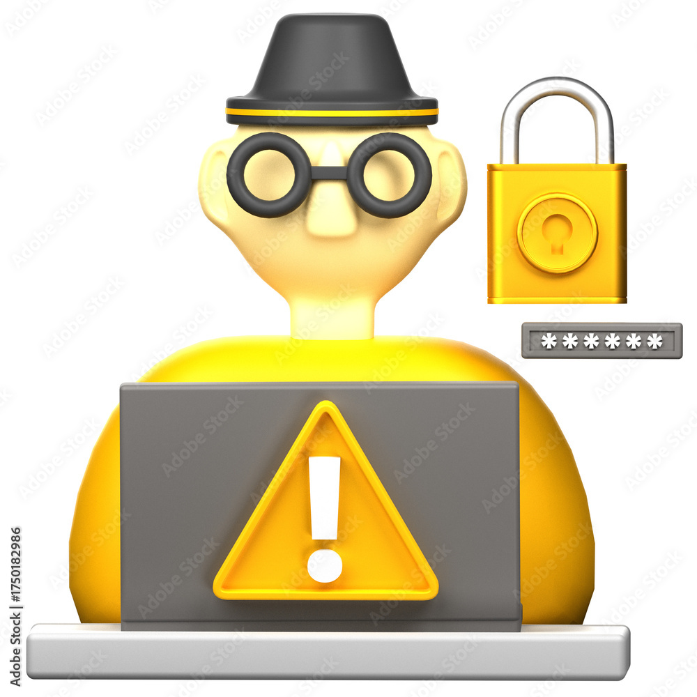 Yellow Hacker 3D Illustration with Black Hat and Round Glasses with ...