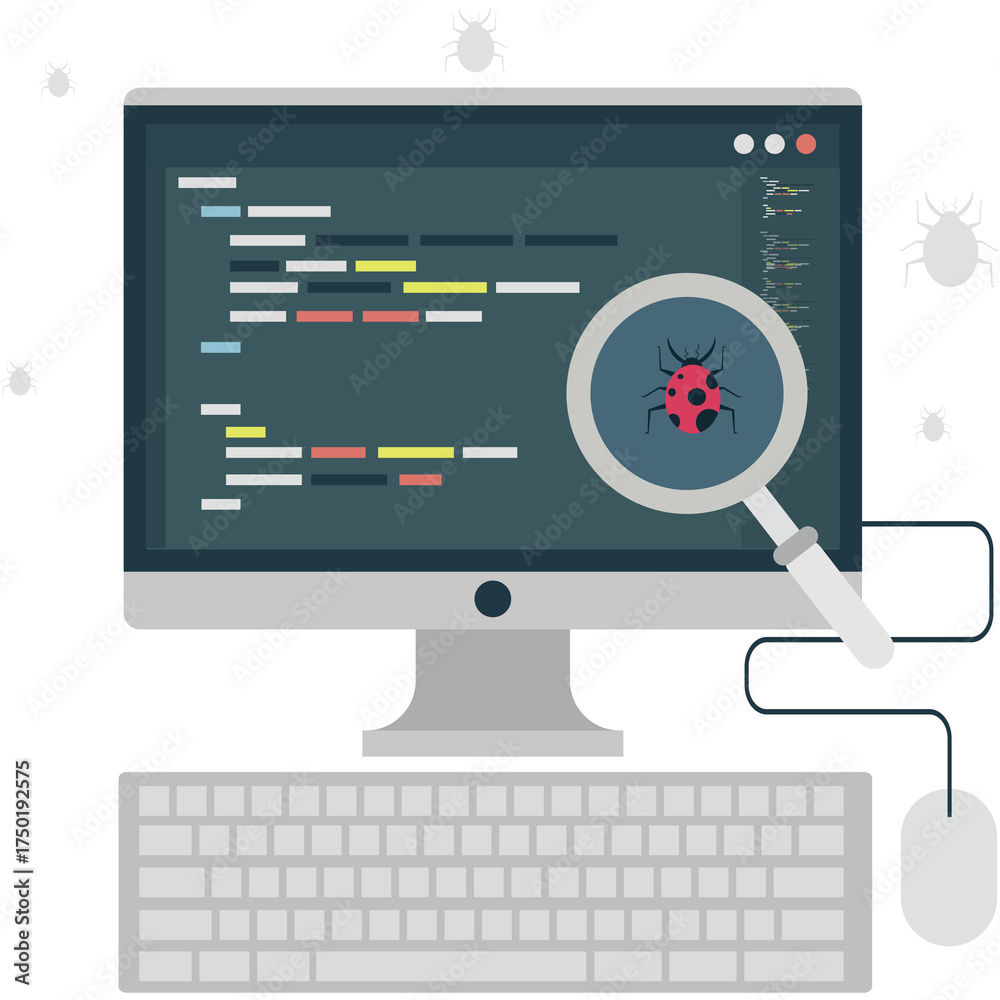 Computer monitor displaying programming code with a magnifying glass focused on a digital bug ...