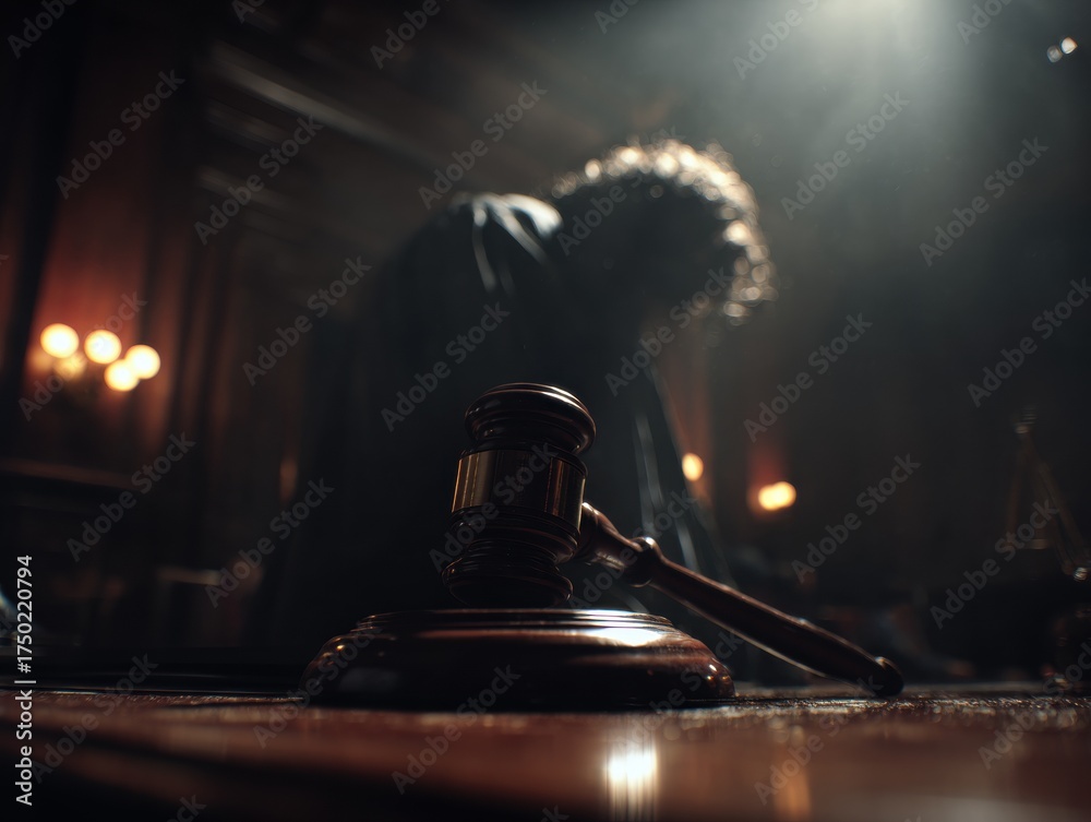 Gavel and Courtroom Drama: A close-up shot captures a wooden gavel ...