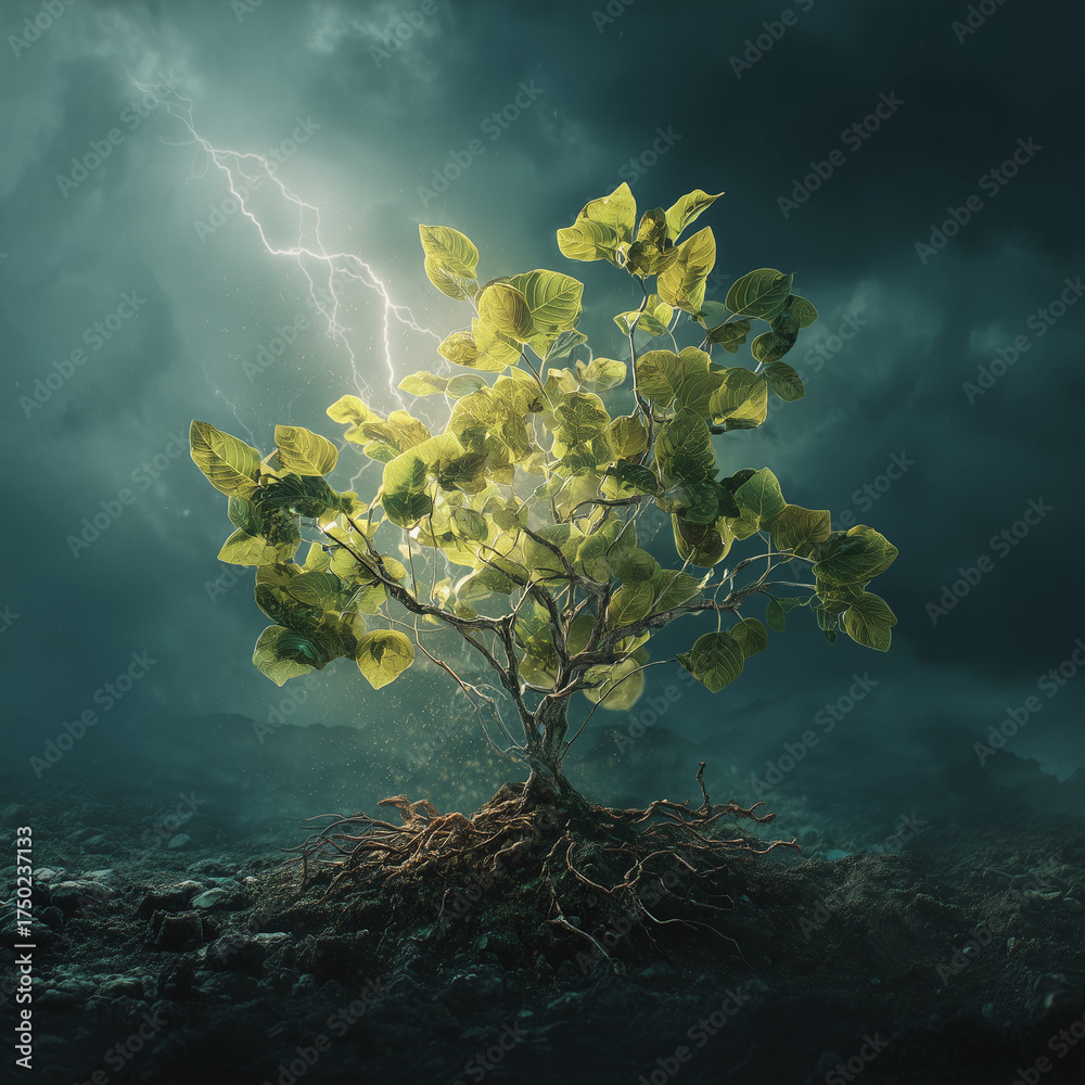 Tree regrowing green leaves after a storm with lightning in the ...