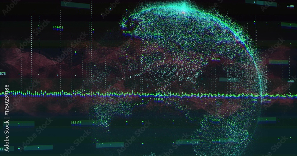 Glowing dot-matrix globe pulsing in digital interface, with waveform ...