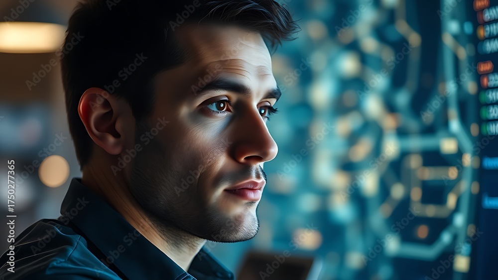 Professional in a tech environment, focused expression with abstract ...