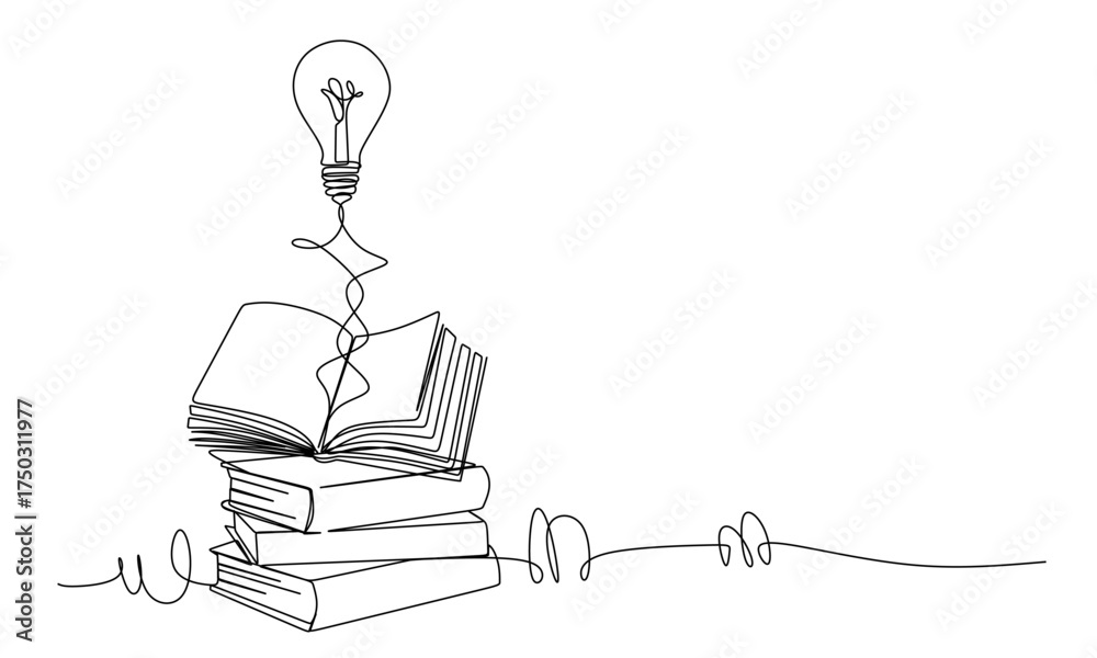 continuous one line art drawing of light blub above open book Line ...