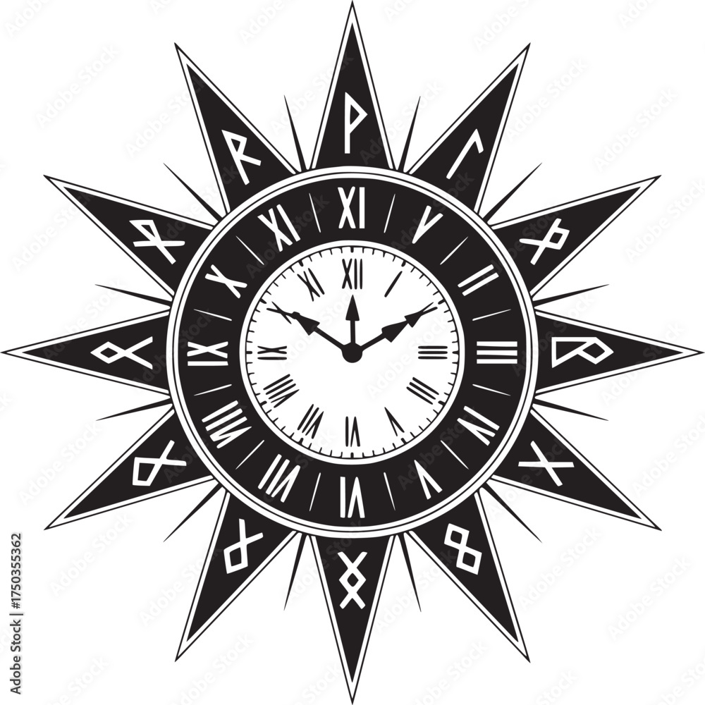 Striking clock face with Roman numerals and rune-like symbols for a ...