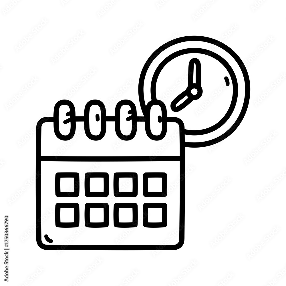 Illustration Stock Simple Line Art Calendar Icon Next To A Round Clock ...
