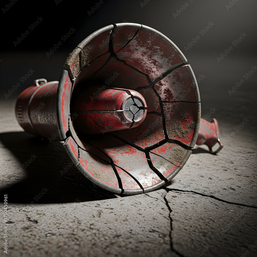 Broken, rusty megaphone on cracked concrete, symbolizing failed ...