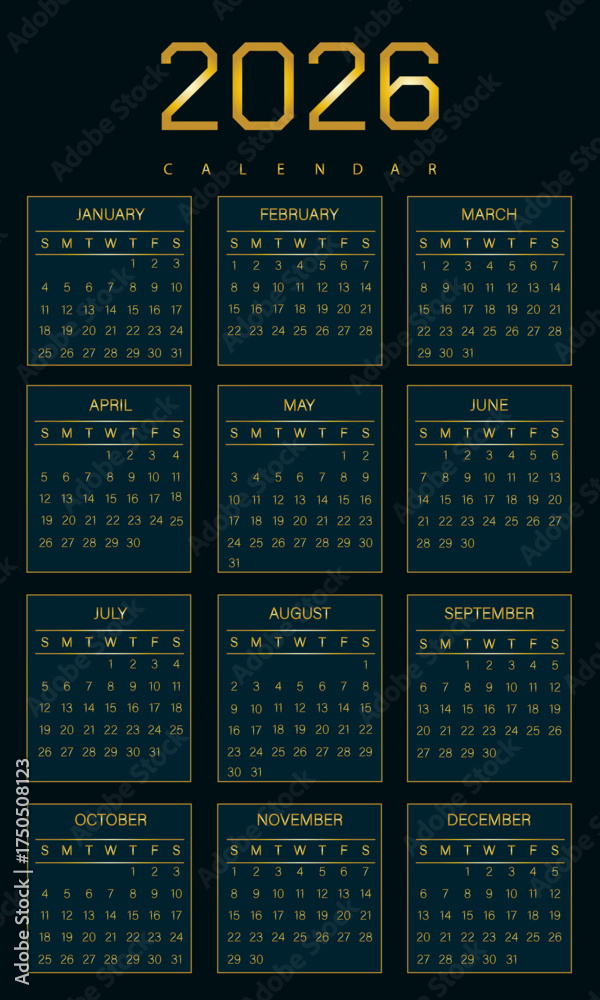 Vector de Stock Classic minimalist 3 column of month English calendar ...