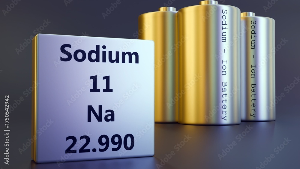 A 3d rendered image displays two cylindrical "Sodium - Ion Battery ...