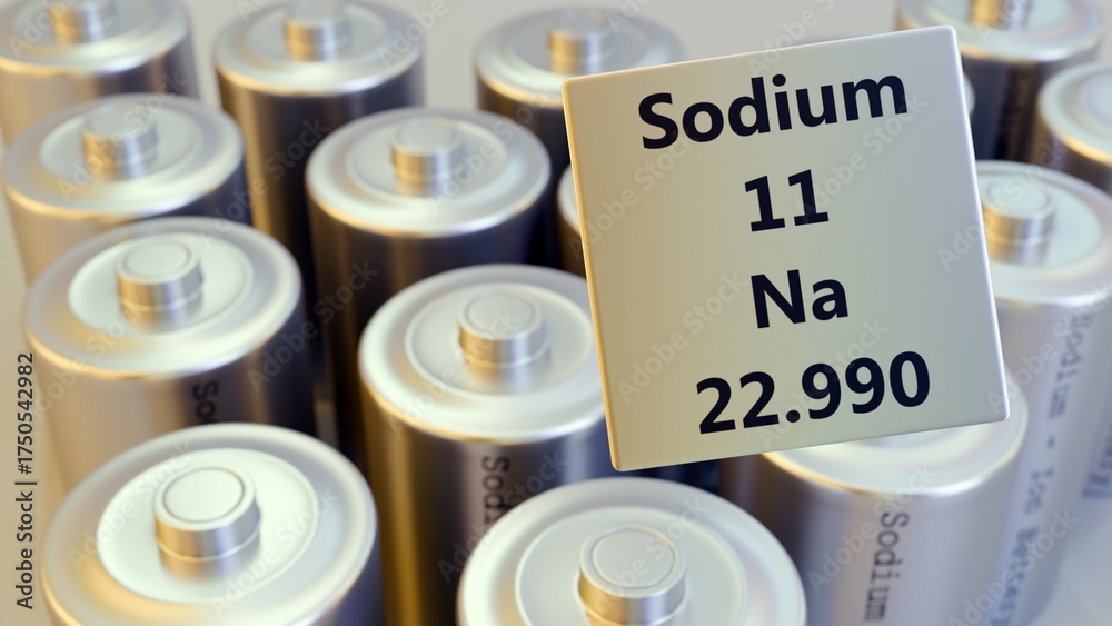 A 3d rendered image displays two cylindrical "Sodium - Ion Battery ...
