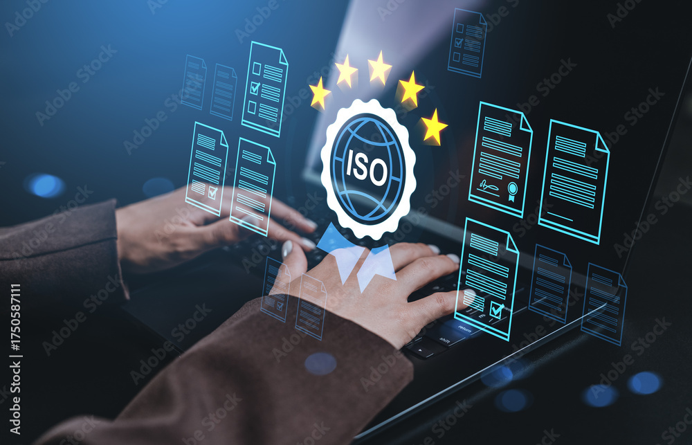 ISO certification digital concept with documents and rating stars on ...