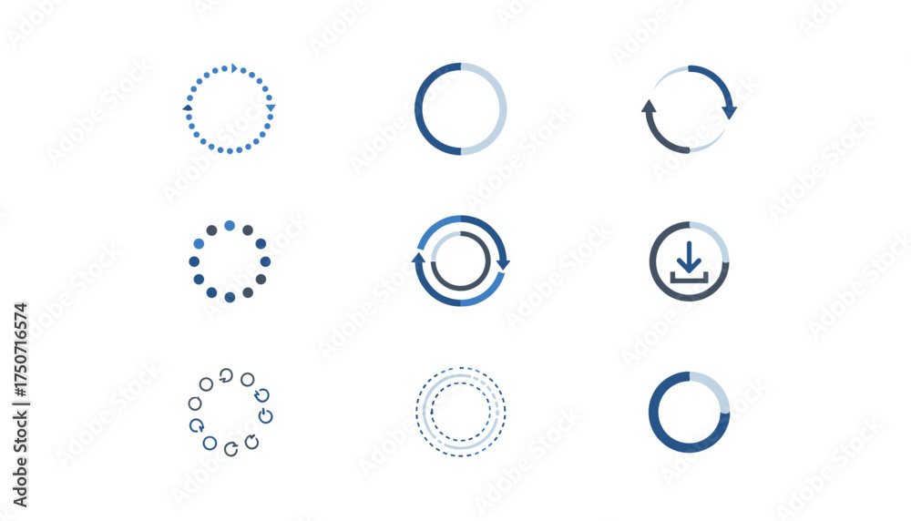 Set of 9 circular loading and buffering icons vector. Modern blue round ...