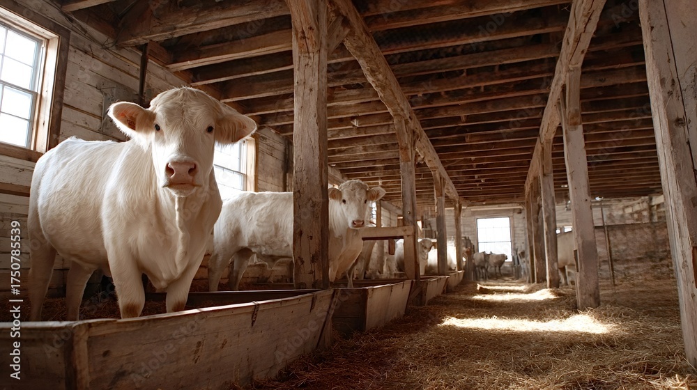 Stock-Foto „White cattle stand at feeding troughs in a sunlit wooden ...