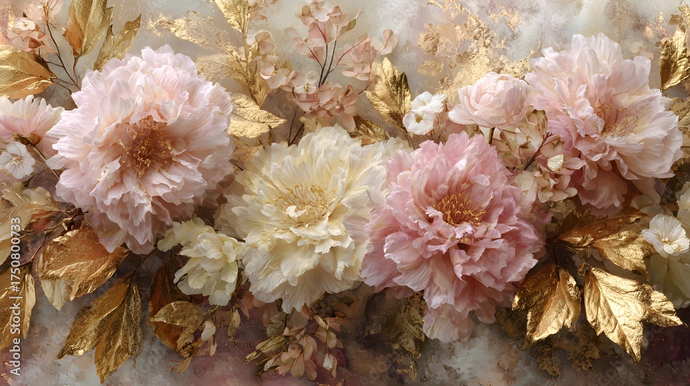 Delicate pastel peonies and golden leaves create a luxurious floral ...
