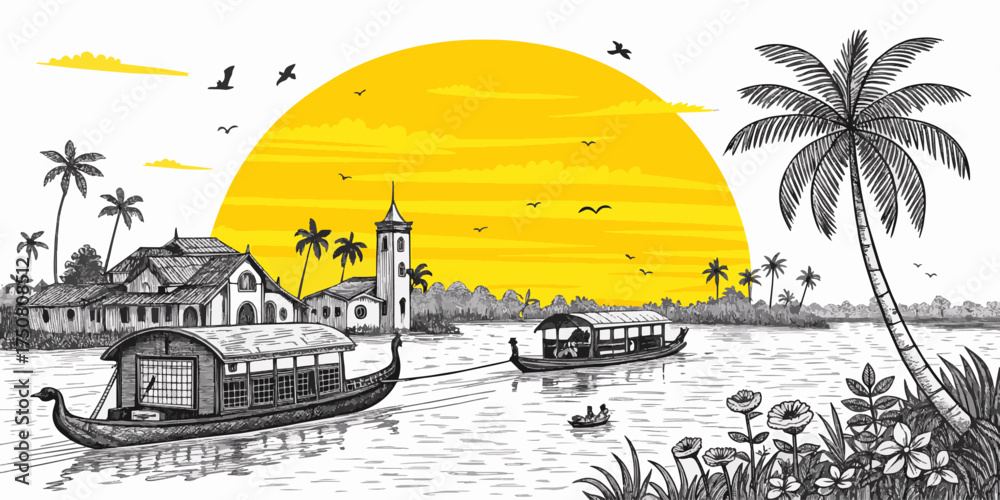 Kerala Alleppey Backwaters Black Line Art Illustration Featuring ...