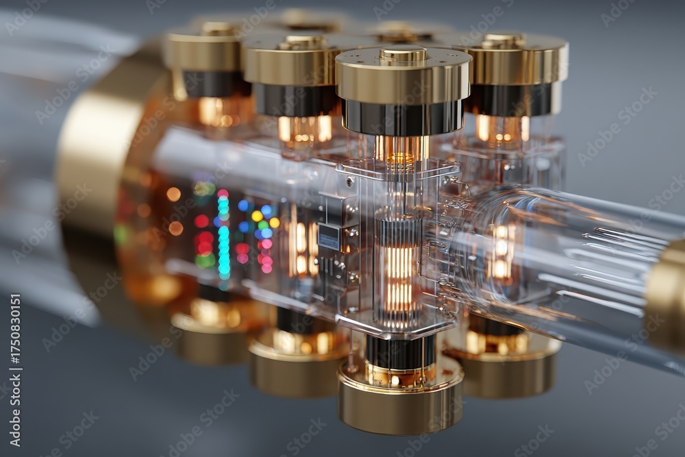 Complex machine with tubes, lights, and golden parts, close up. Use for ...