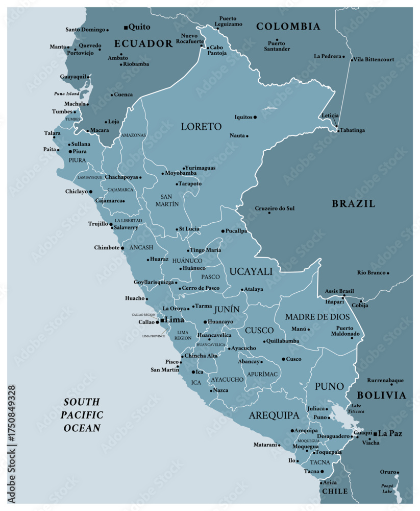 Peru - detailed political map of the country with regions and major ...