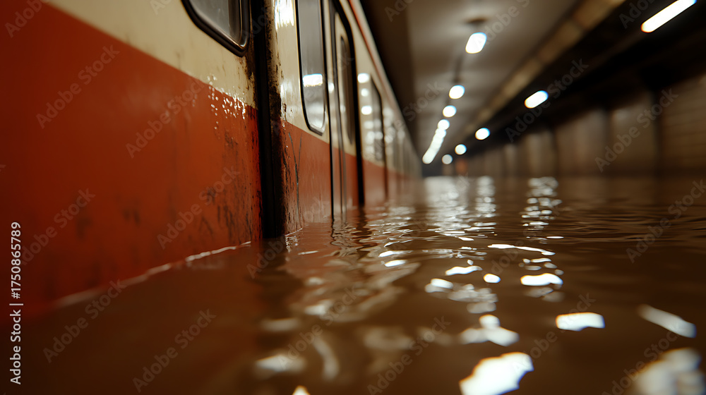 Flooded subway tunnel with train. Rising water levels cause disruptions ...