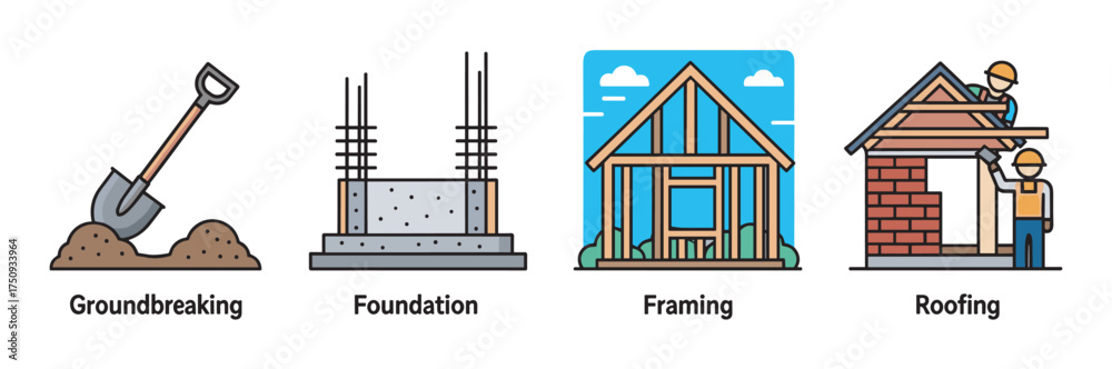 Four stages of construction illustrated with tools and frames ...
