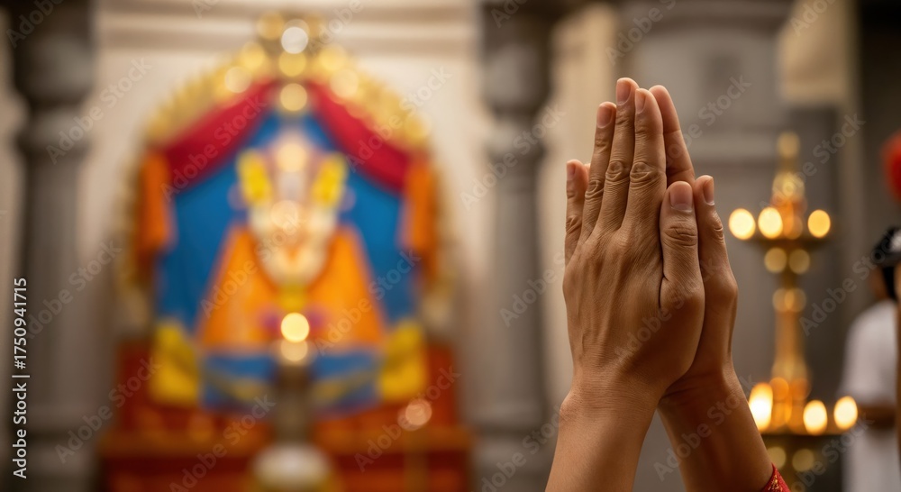 A Devotee Offers Prayers with Folded Hands in Front of a Colorful Hindu ...