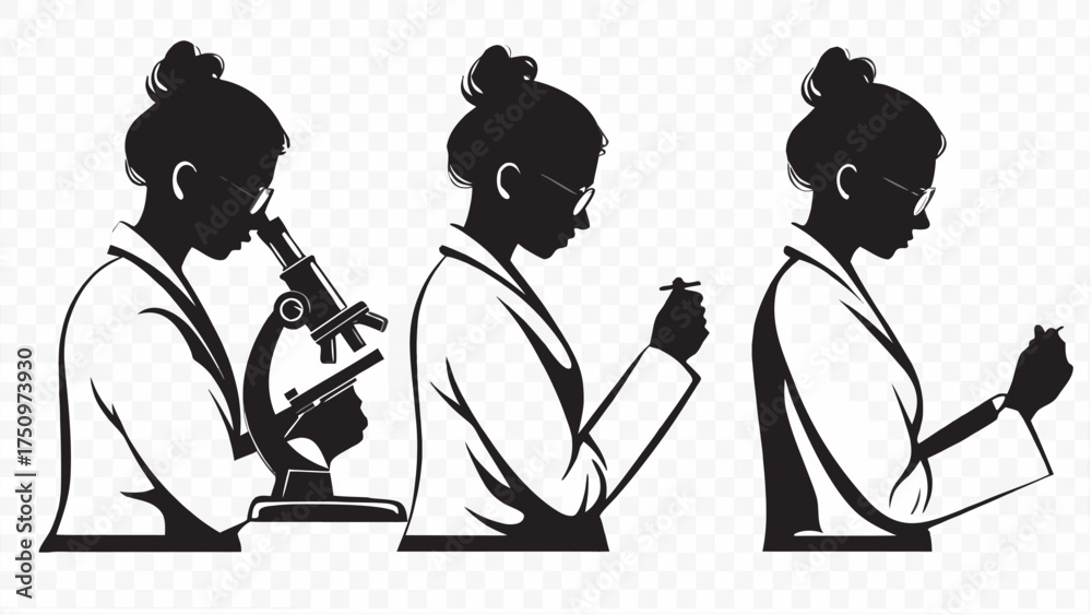 Scientist silhouette set performing research, using microscope, writing ...